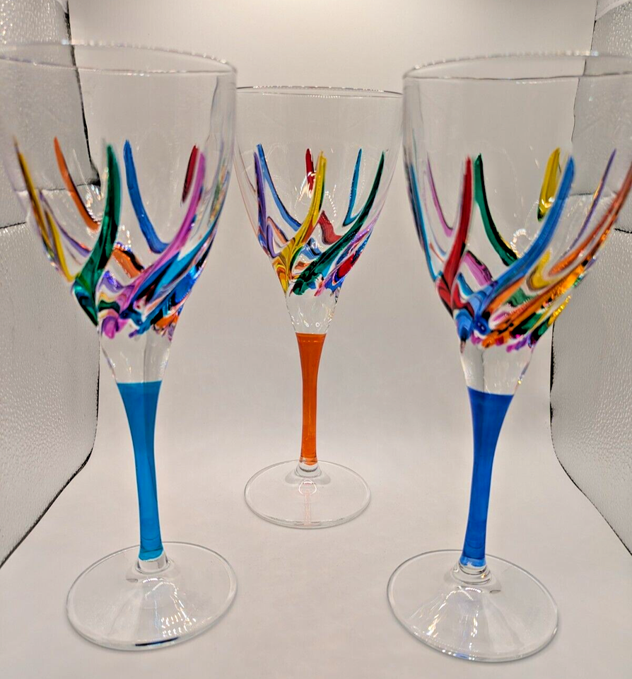 CC ZECCHIN MURANO Wine Glass, Rainbow Swirl Pattern 8-1/8” Tall, Set of ...