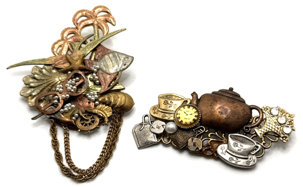 Vintage Mixed Media Brooches Mosaic Tropical & Tea Time Themed Collage ...