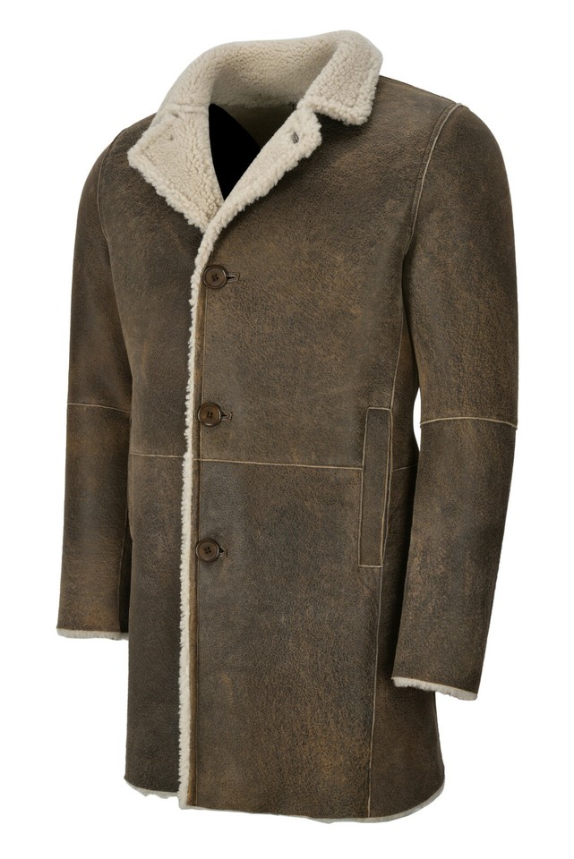 Men's 3/4 Warm Genuine Leather Sheepskin Curly Fur Trench Reefer Bane ...