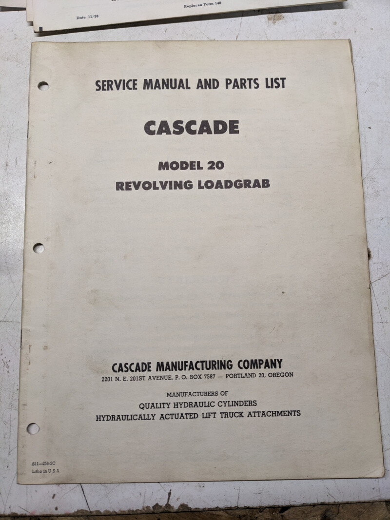 CASCADE LIFT ATTACHMENT SERVICE MANUAL PARTS LIST MODEL 20 REVOLVING ...