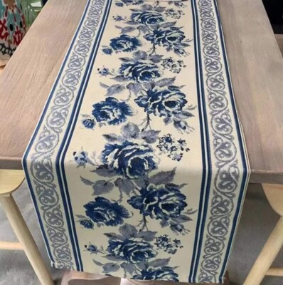 Blue & off white table runner Roses various sizes Spode Willow Johnson ...