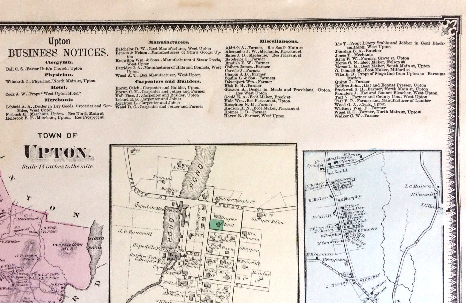 1870 MAP UPTON MILFORD MASSACHUSETTS ORIGINAL OLD ANTIQUE COLOR. BEERS ...
