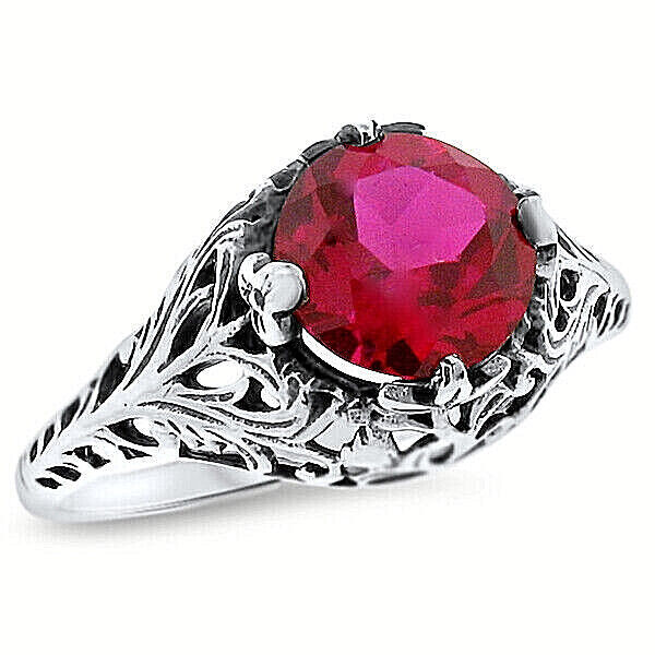 DECO ANTIQUE STYLE 925 SOLID STERLING SILVER LAB-CREATED RUBY FILIGREE ...