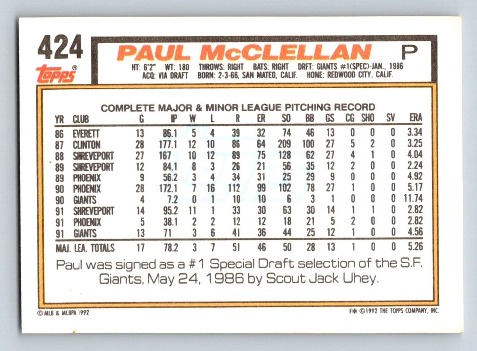 1992 Topps 424 Paul McClellan San Francisco Giants | eBay