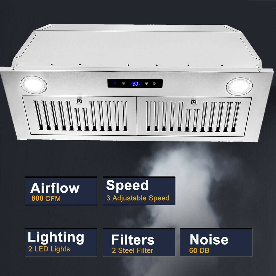 20/30/36 inch Insert Range Hood 800CFM Kitchen Built in Vent 3-Speed ...