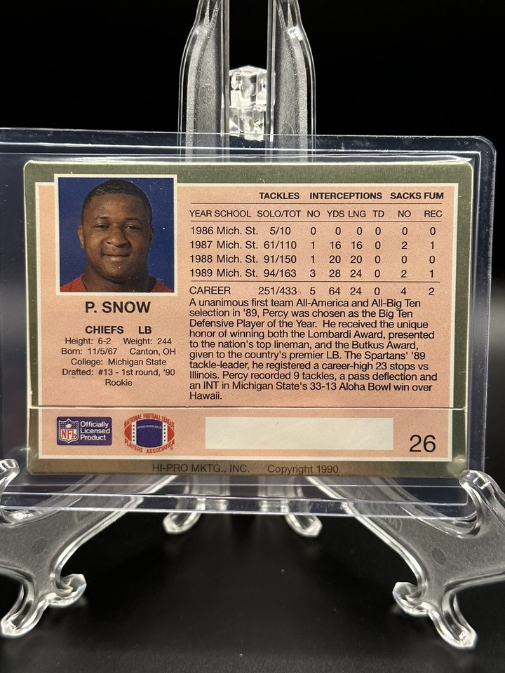 1990 Action Packed Rookie Update Percy Snow #26 Kansas City Chiefs | eBay