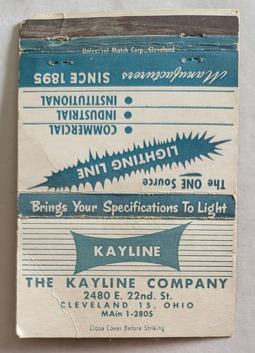 Vintage Matchbook Cover....The Kayline Company, Light Fixtures, in ...