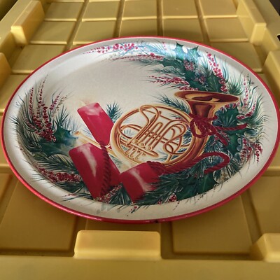 Vtg 1993 Prettique Round Metal Christmas Serving Tray Joyeux Noel ...