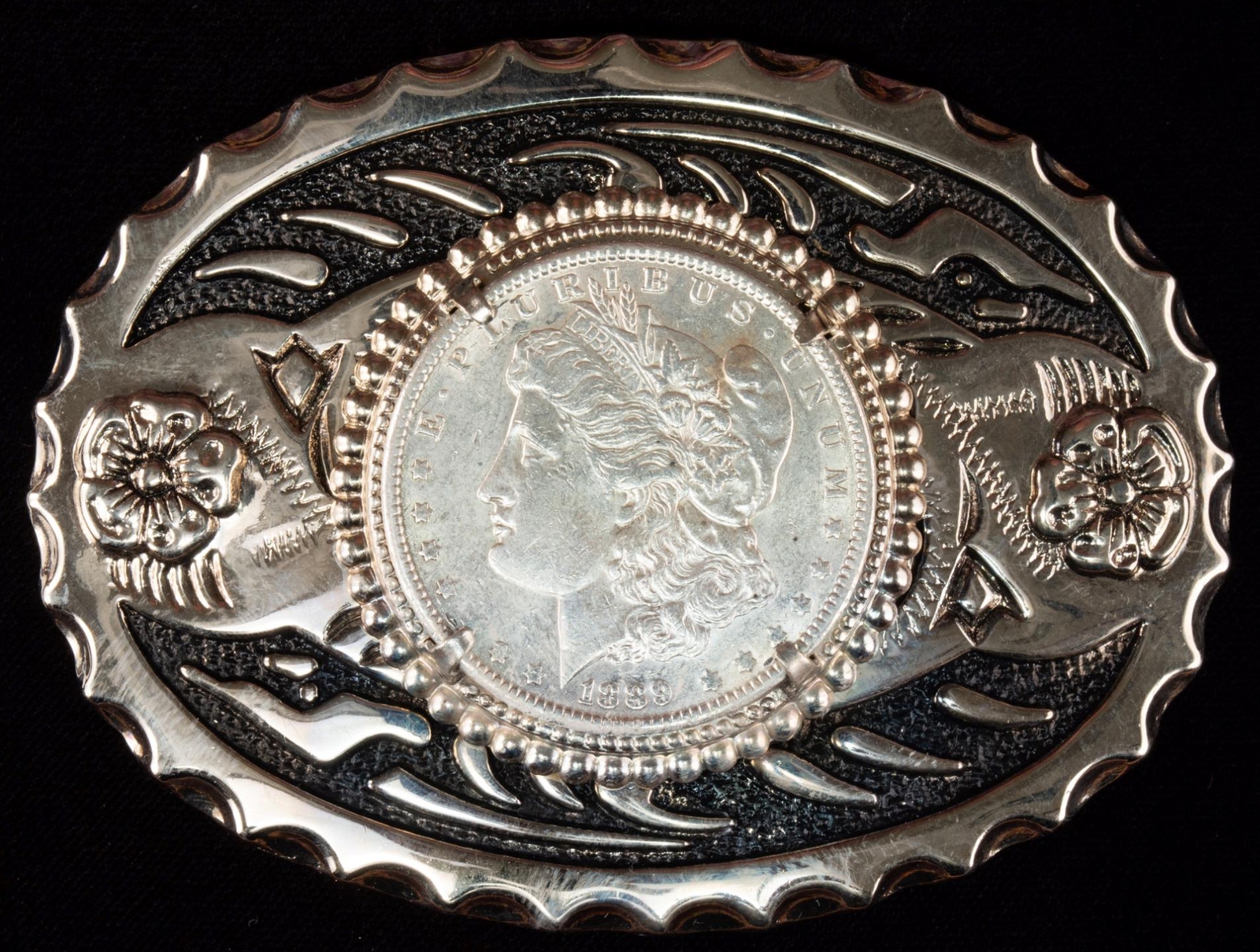 1889 Morgan Western Silver Dollar Belt Buckle Silver on Black Colors ...