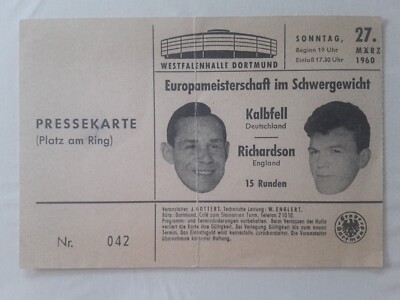 Dick Richardson vs Hans Kalbfell Boxing Ticket Heavyweight 1960 | eBay