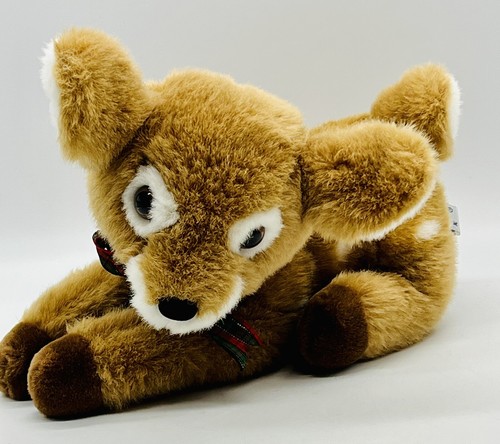 Whitetail Deer Plush Laying Down Green Red Ribbon Stuffed Animal 10 ...