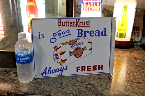 RARE 1950s BUTTER KRUST FRESH BREAD DEALER 2-SIDED PAINTED METAL FLANGE ...