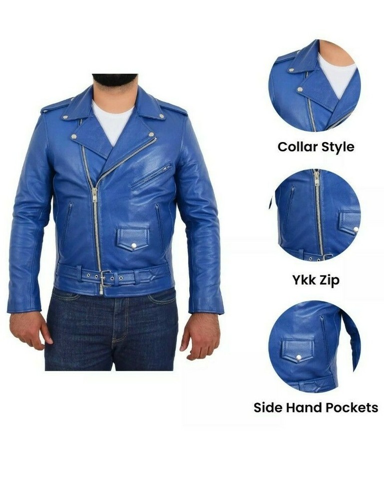 Mens Brando Genuine Leather Jacket Motorcycle Perfecto Blue Marlon ...