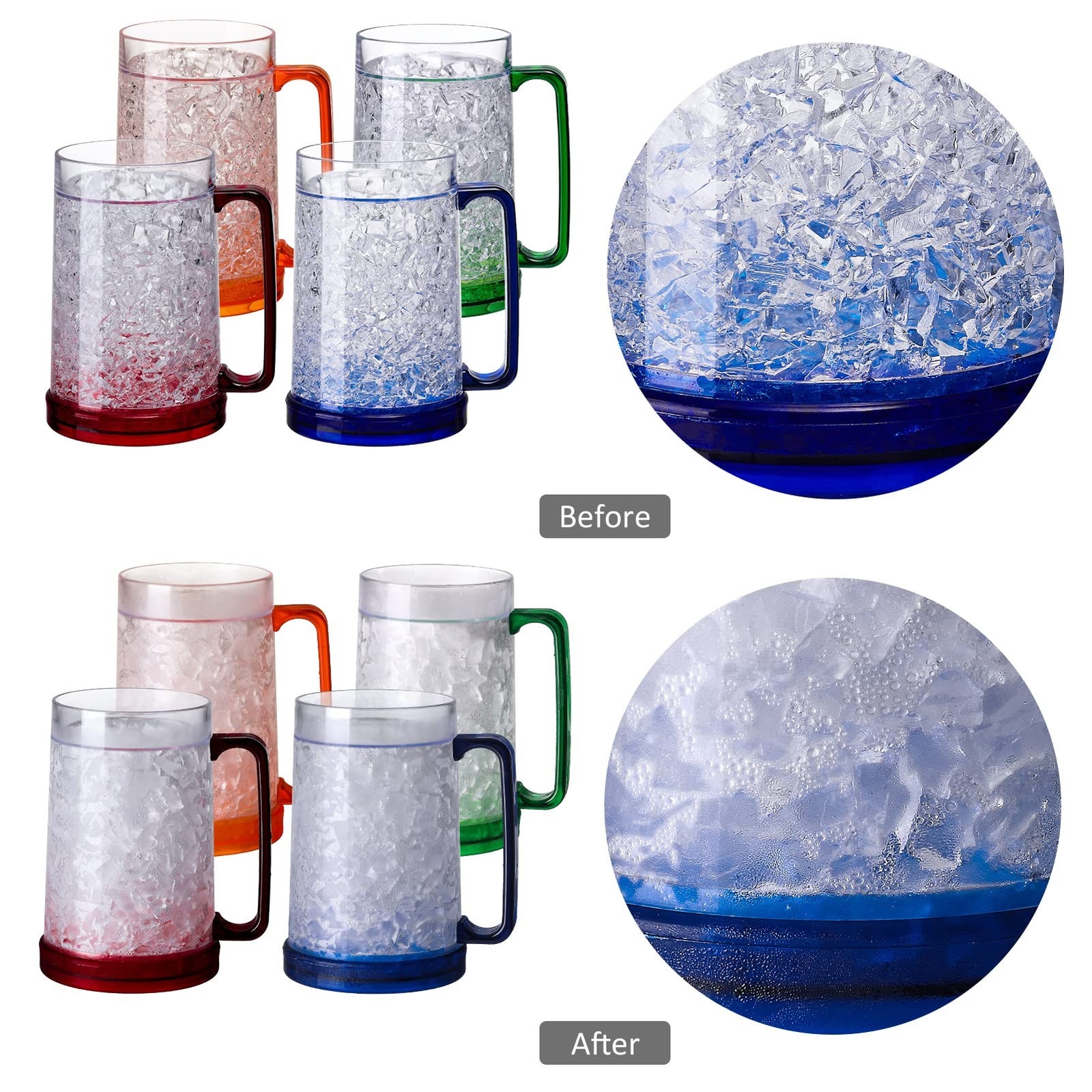 Double Wall Gel Frosty Freezer Ice Mugs Clear 16oz Set of 4 (Blue, Red ...