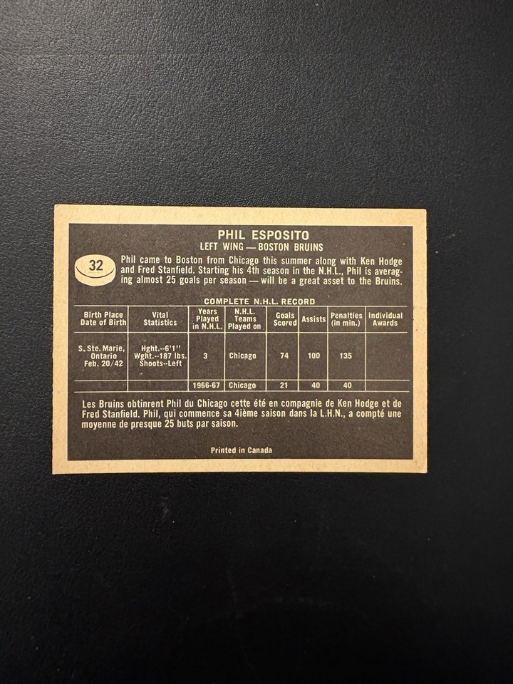 1967/68 TOPPS SET BREAK NHL#33 PHIL ESPOSITO HOF BOSTON BRUINS EXMT ...