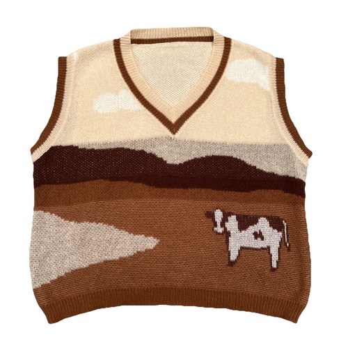 SHEIN Curve Knit Sweater Vest With Cute Cow Clouds Brown Cowboy Western ...