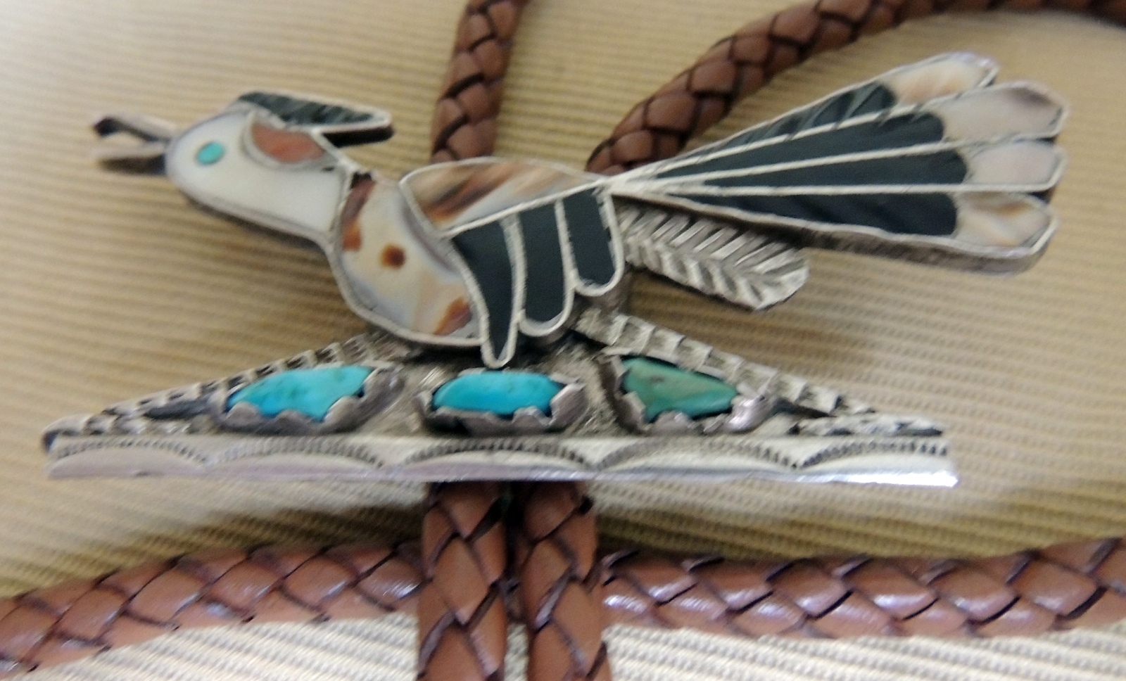 Splendid Best! Zuni attr. Ted Edaakie Mosaic Inlay Roadrunner Bolo Pre ...
