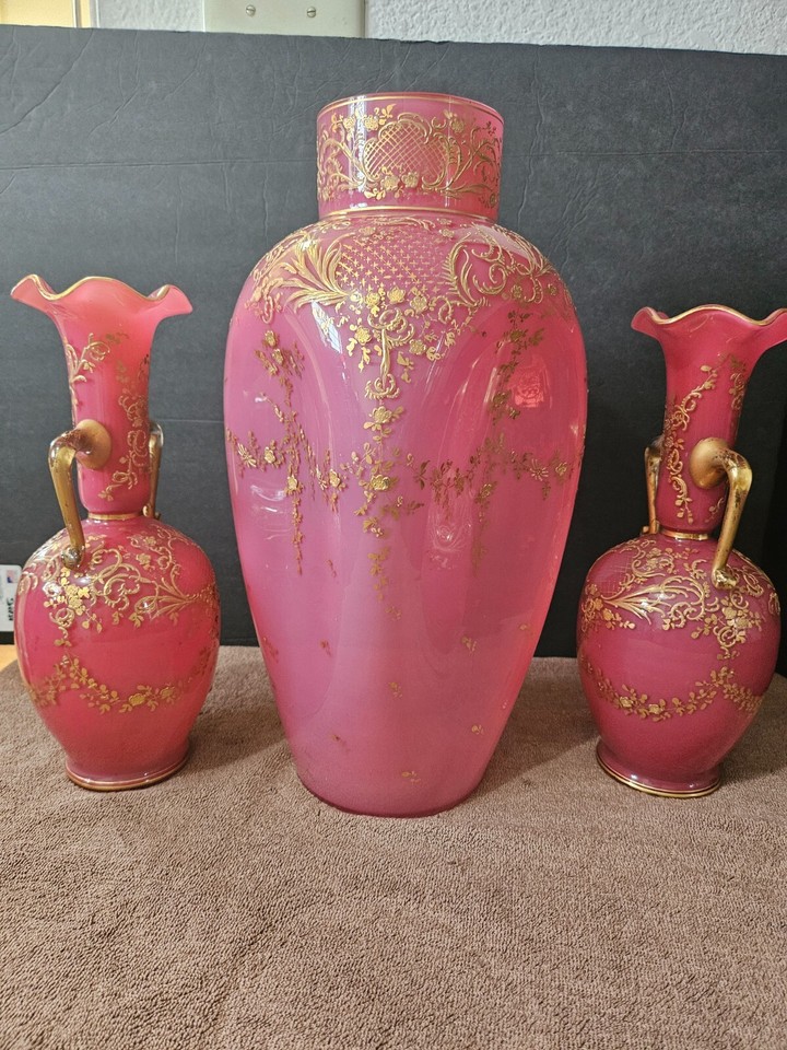 3 ANTIQUE LOETZ ART GLASS GOLD RELIEF PINK VASES DEK 1/4 MOST RARE ...