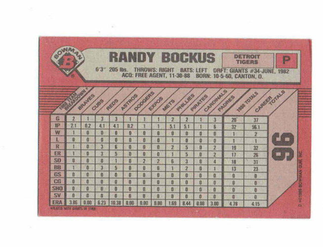 Randy Bockus Detroit Tigers Pitcher #96 Bowman 1989 #Baseball Card | eBay