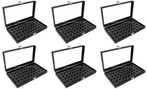6 Glass Top Lid Black 50 Gem Jar Box Cases Display Body Jewelry Gold ...