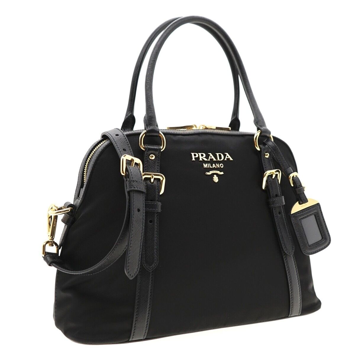 Prada Dome Shoulder Bag Bauletto Black Nylon Medium 1BB013 Prada Dome Shoulder Bag Bauletto Black Nylon Medium 1BB013