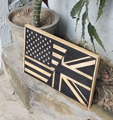 Wooden USA & UK Flag Wall Art Rustic American British Decor 18x12 ...