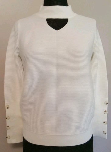 Ethyl Women Ivory Ribbed Keyhole Mock Neck Button Sleeve Knit Sweater ...