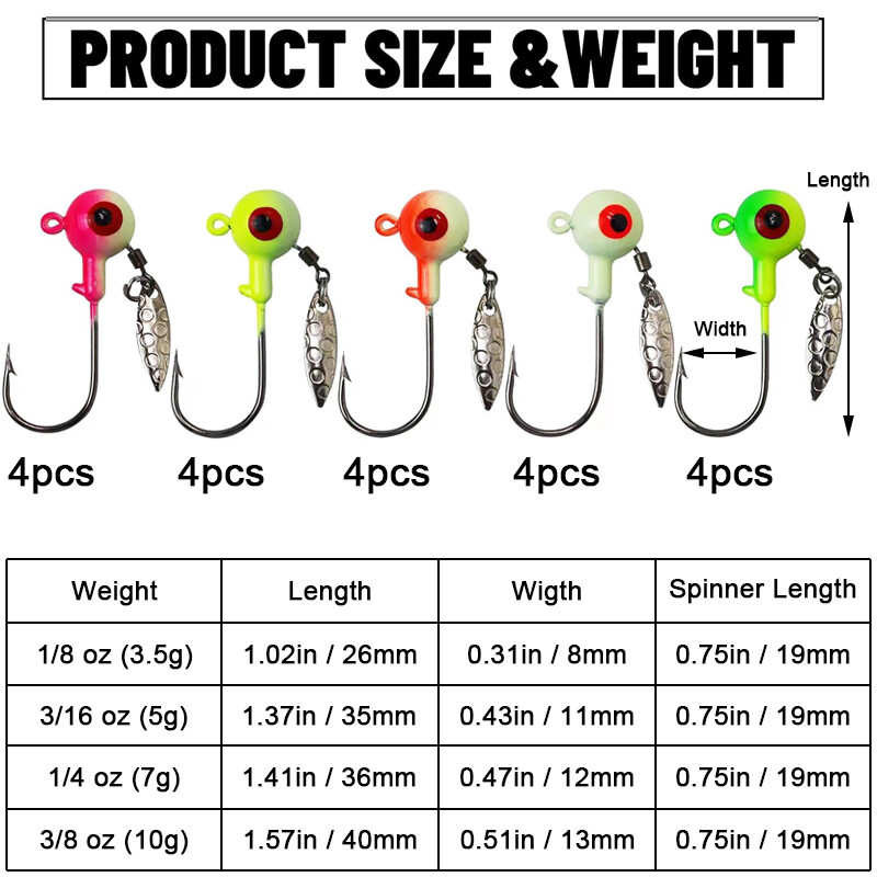 20Pcs 1/8 - 3/8 oz Underspin Jig Heads Hooks Crappie Bass Panfish ...