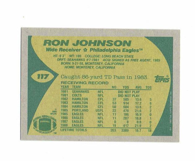 Ron Johnson Philadelphia Eagles WR #117 Topps 1989 Football Card | eBay