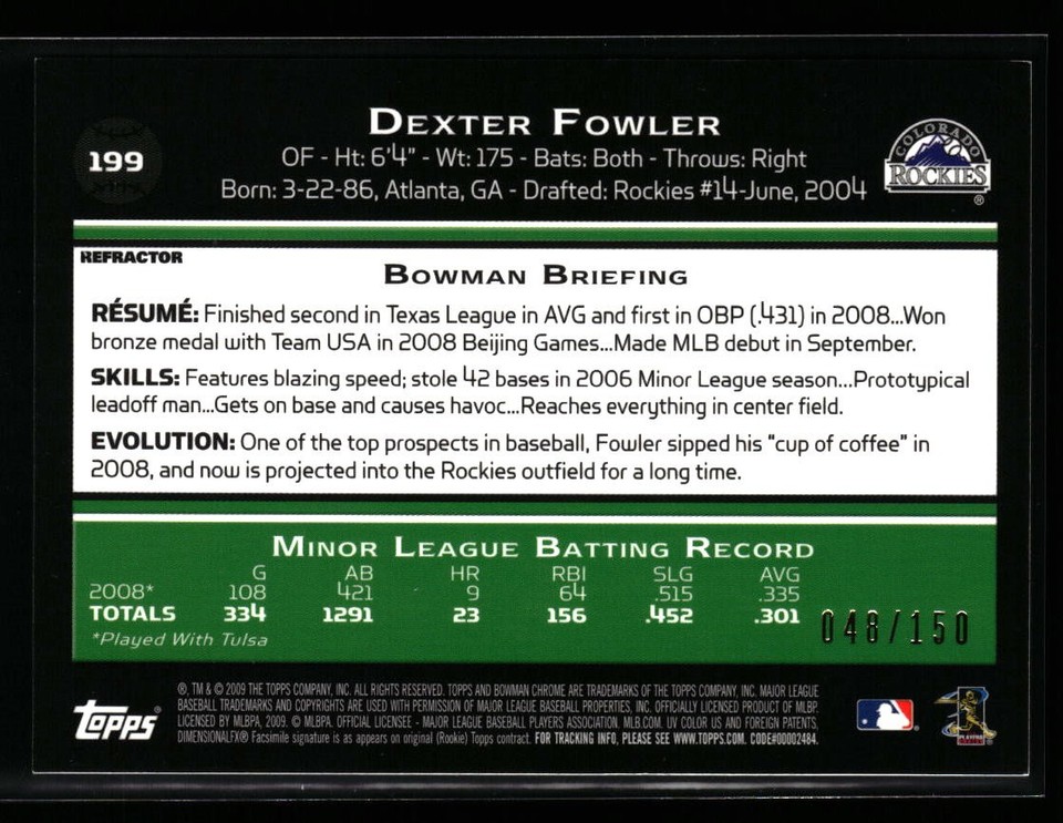 Dexter Fowler 2009 Bowman Chrome #199 Blue Refractors #/150 Rookie ...