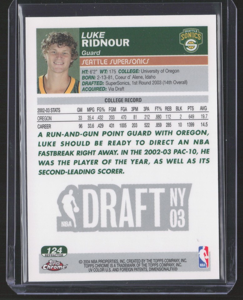 2003-04 Topps Chrome Luke Ridnour Refractor Rookie Card RC #124 | eBay