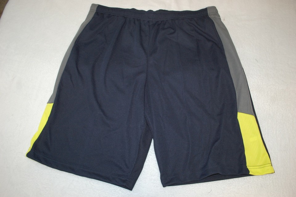 Mens NAVY BLUE MESH ATHLETIC SHORTS Neon Yellow Gray Sides POCKETS Size ...