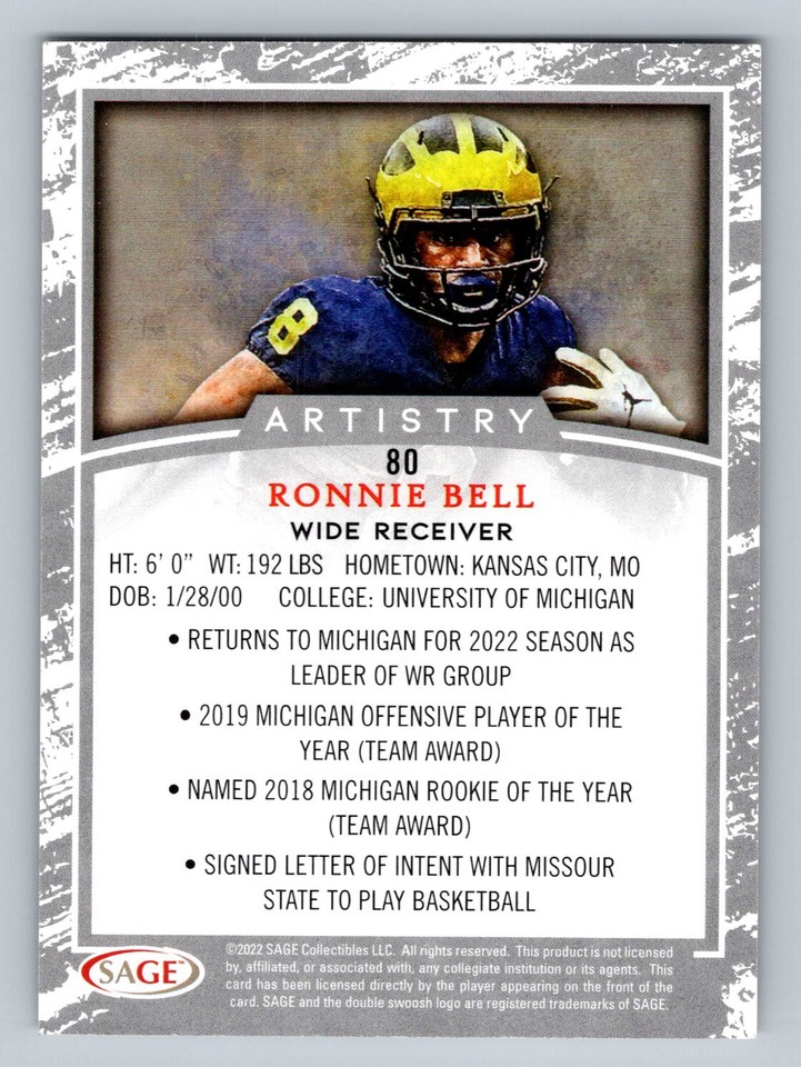 Ronnie Bell Michigan Wolverines 2022 SAGE Artistry Silver #80 Trading ...