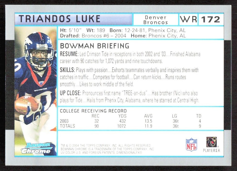 2004 5626B Bowman Chrome Triandos Luke Rookie Denver Broncos #172 | eBay
