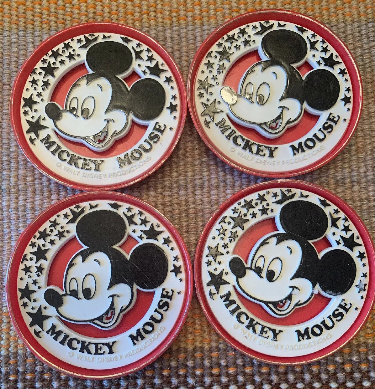 Set of 4 VTG Disney Mickey Mouse Plastic Coasters Copyright 1975 Mid ...