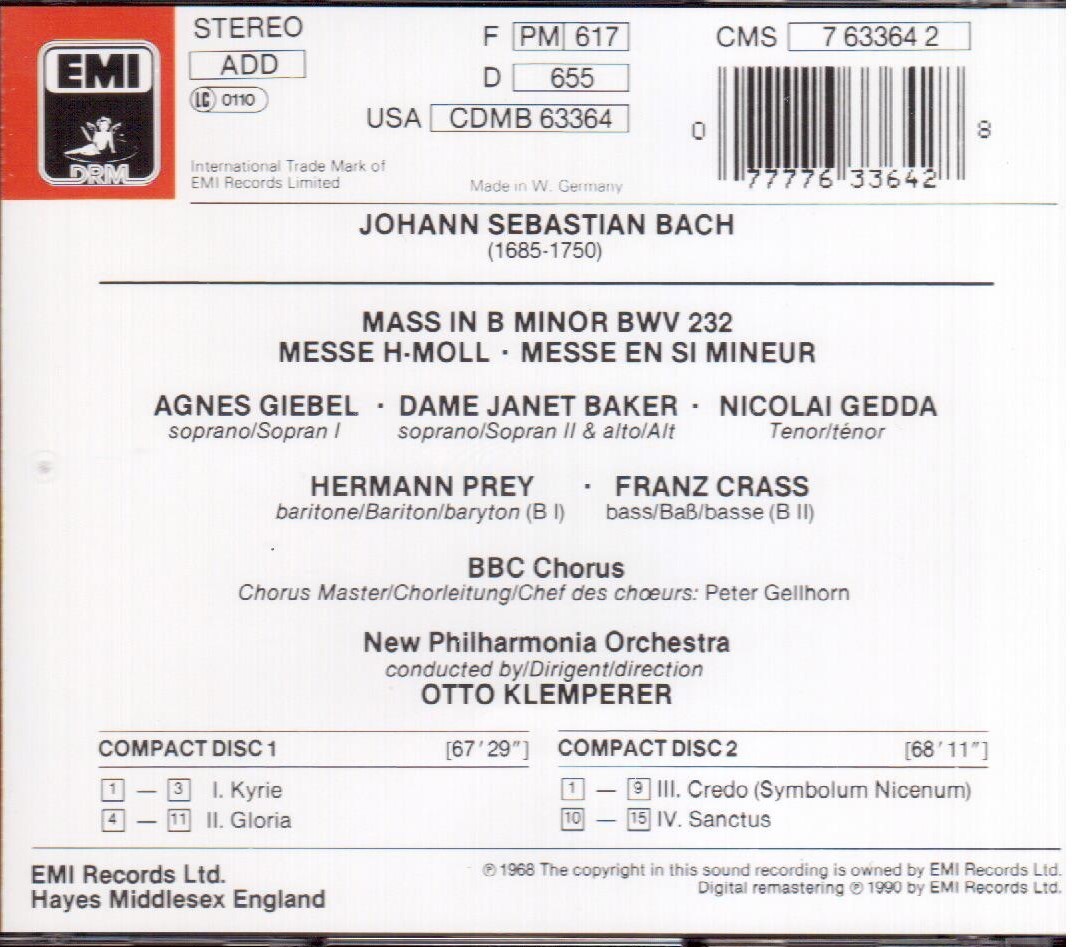 Bach: Messa In SI Minore / Otto Klemperer, Baker, Gedda, New Philharmonia - CD | eBay