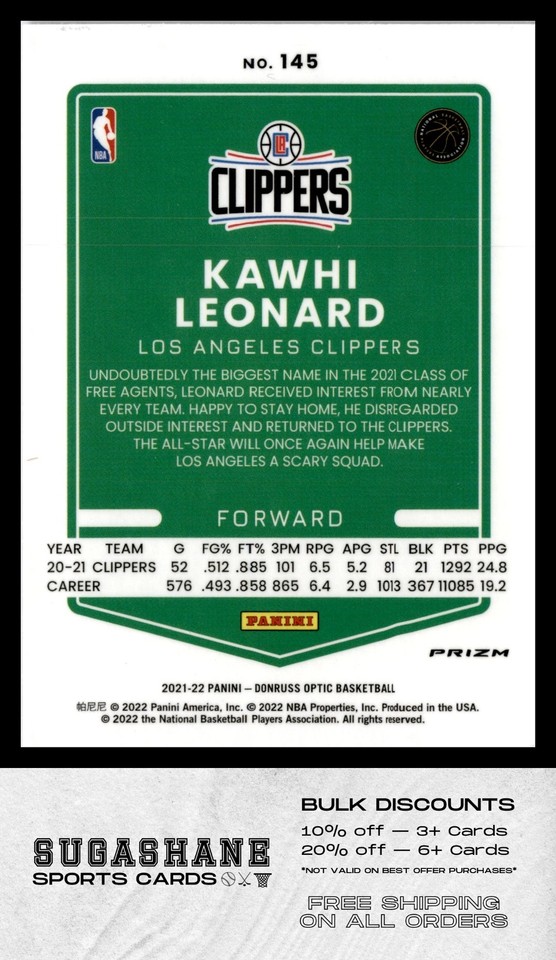 2021 Optic 145 Kawhi Leonard Purple Prizm LA Clippers Basketball Card ...
