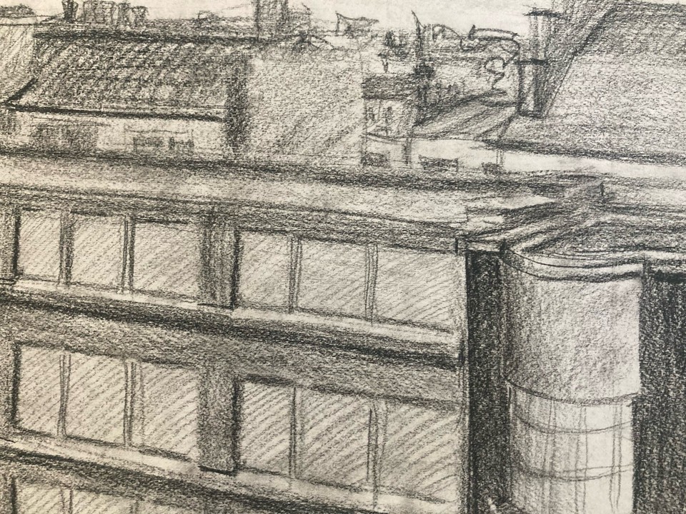 Beautiful Drawing Charcoal 1970 On Paper Paris Building,Rue | eBay