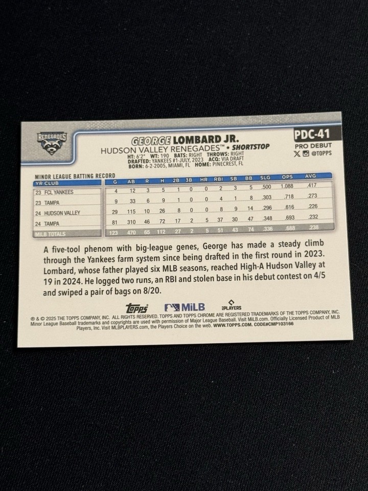 2025 Topps Pro Debut Chrome George Lombard Jr. Aqua Refractor #PDC-41 ...
