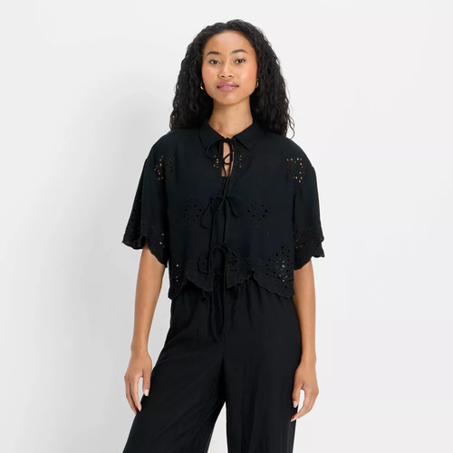 Women's Short Sleeve Embroidered Tie-Front Blouse - Future Collective ...
