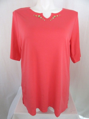 Quacker Factory Size 2X Coral Elbow Sleeve Sparkle Split Neck Tunic ...