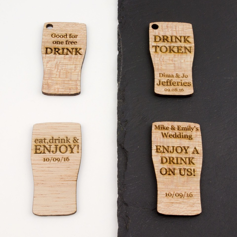 Wooden Drink Tokens. Personalised Pint Glass. Free Rustic Wedding Guest ...
