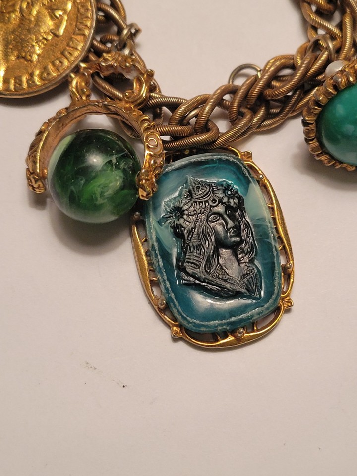 BULKY ROMAN CHARM BRACELET VINTAGE MISSING CLASP METAL NOT TESTED GREEN ...