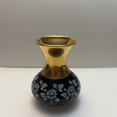 Prinknash Abbey Pottery Bud Vase Black w/ White Flowers 24K Gold Trim ...