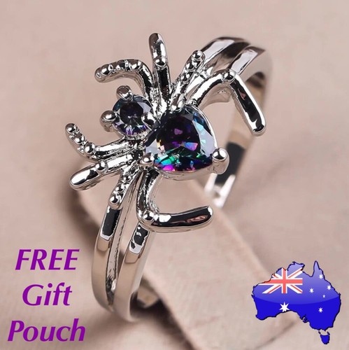 Multicolour Rainbow Topaz Crystal Spider Goth Emo Silver Ring Gift ...
