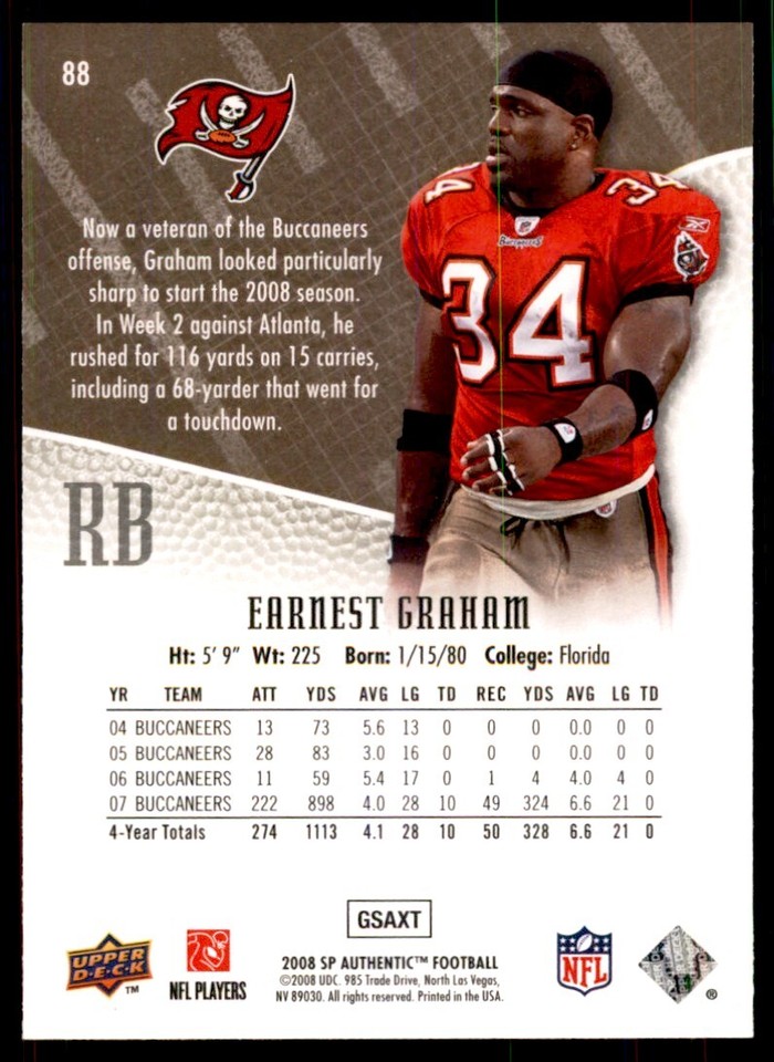 2008 SP Authentic Football Card Earnest Graham Tampa Bay Buccaneers #88 ...