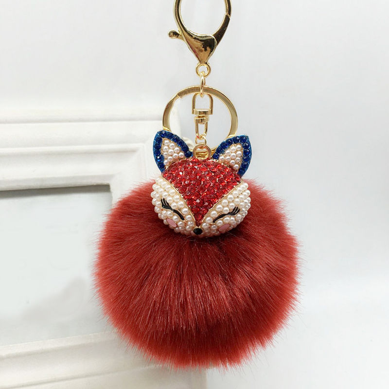 Fox Key Chain Lucky Charm with Pearl & Rhinestone Pompom Fashion ...