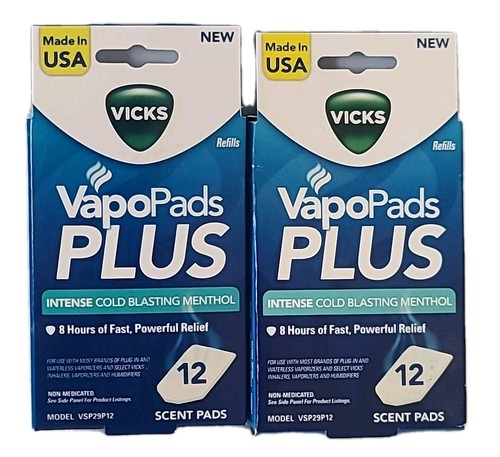 2 X Vicks VapoPads PLUS Refills • 12 SCENT PADS w Intense COLD BLASTING ...