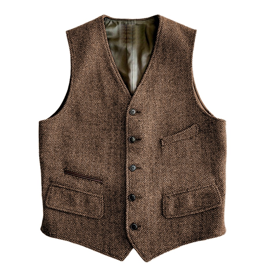 Mens Tweed Vest Vintage Western Cowboy Wool Herringbone Vests M Large ...