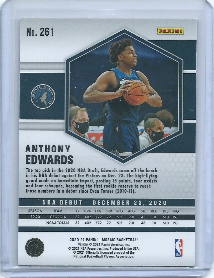 2020-21 Panini Mosaic Anthony Edwards RC NBA Debut #261 Timberwolves ...